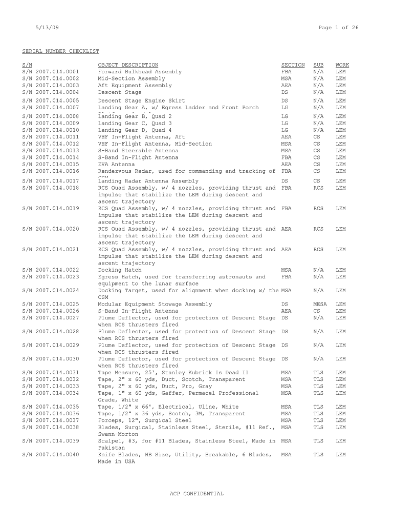 Fillable Online SERIAL NUMBER CHECKLIST Fax Email Print - pdfFiller