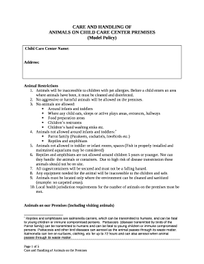 ANIMALS ON CHILD CARE CENTER PREMISES Doc Template | pdfFiller