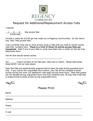 Request for Additional/Replacement Access Fobs Doc Template | pdfFiller