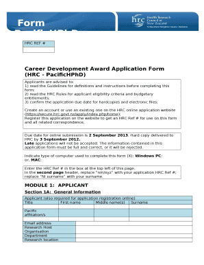 Career Development Award Application (HRC - PacificHPhD) Doc Template | pdfFiller