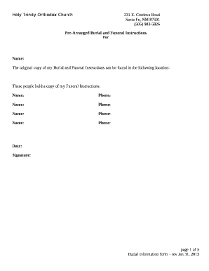 Pre-Arranged Burial and Funeral Instructions Doc Template | pdfFiller