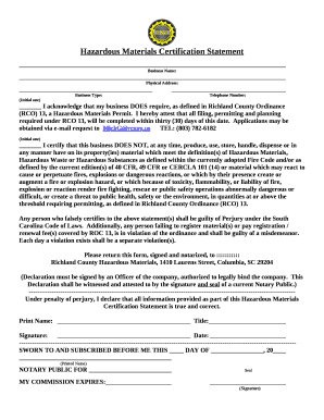 Hazardous Materials Certification Statement Doc Template | pdfFiller