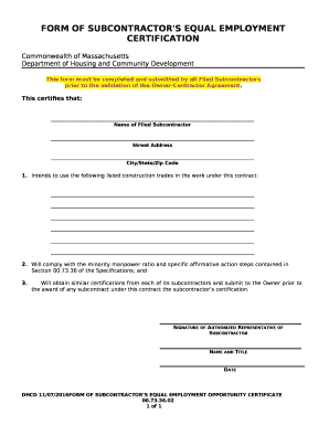 OF SUBCONTRACTOR'S EQUAL EMPLOYMENT CERTIFICATION Doc Template | pdfFiller