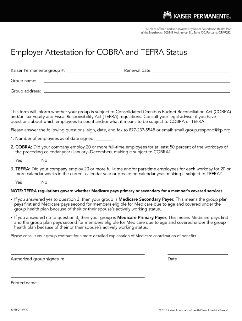 Fillable Online Employer Attestation for COBRA and TEFRA Status Fax ...