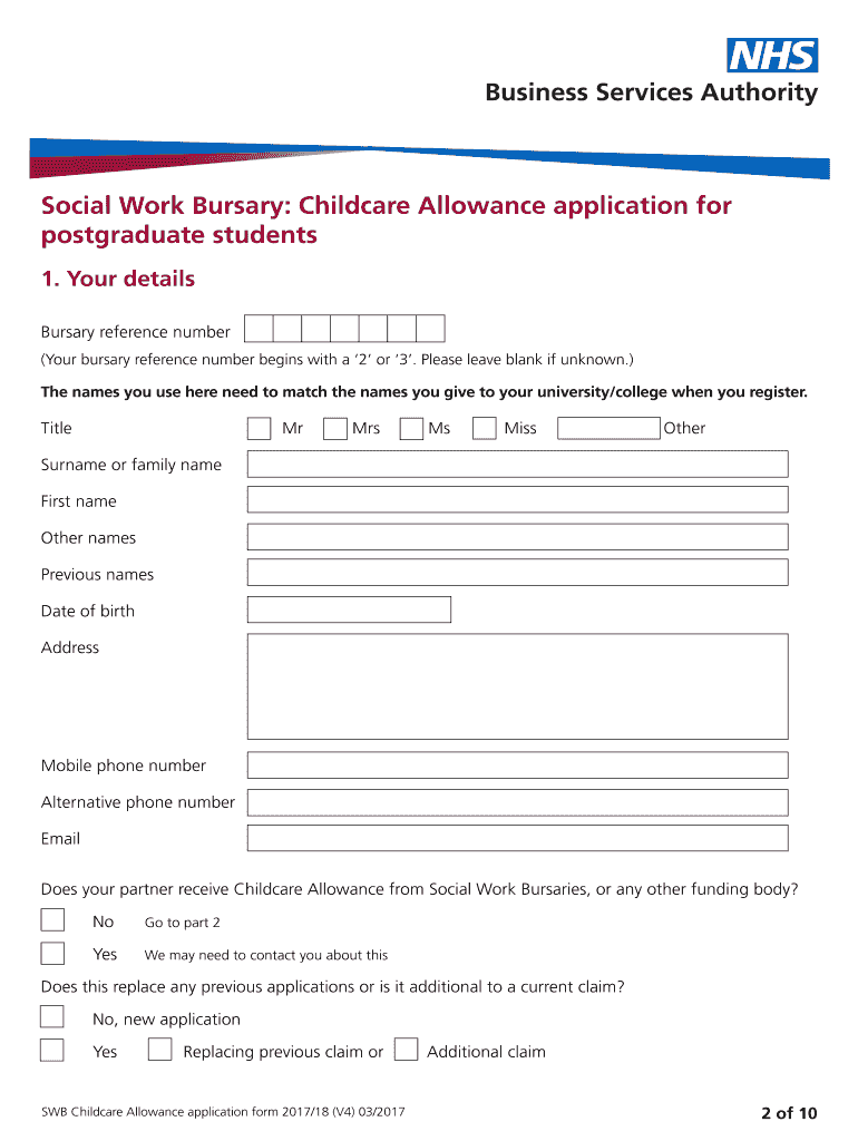 Fillable Online Social Work Bursary: Childcare Allowance application ...