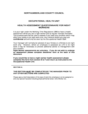 HEALTH ASSESSMENT QUESTIONNAIRE FOR NIGHT WORKERS Doc Template | pdfFiller