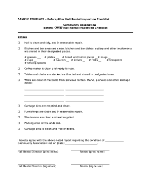 SAMPLE TEMPLATE Before/After Hall Rental Inspection Checklist Doc ...