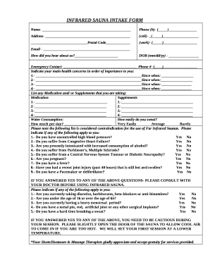 INFRARED SAUNA INTAKE Doc Template | pdfFiller