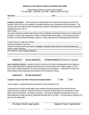 NEONATAL FOLLOW-UP CLINIC AUTHORIZATION Doc Template | pdfFiller