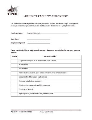 ADJUNCT FACULTY CHECKLIST Doc Template | pdfFiller
