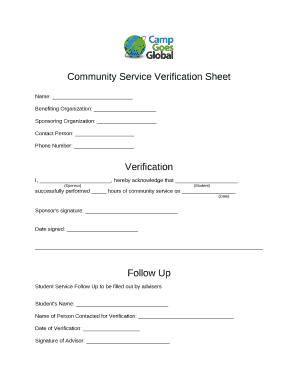 Community Service Verification Sheet Doc Template | pdfFiller