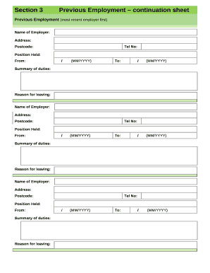 Section 3Previous Employment continuation sheet Doc Template | pdfFiller