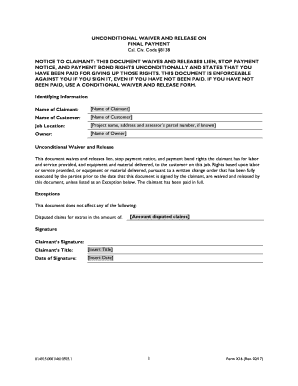 Fillable Online UNCONDITIONAL WAIVER AND RELEASE ON Fax Email Print ...