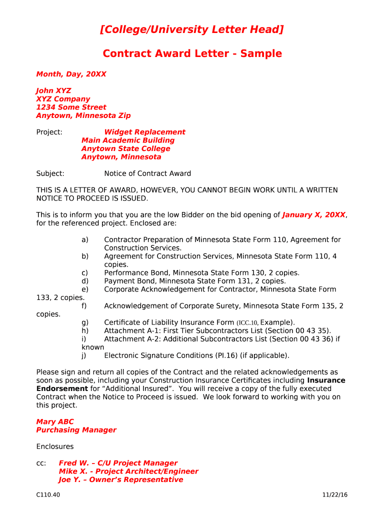 contract award letter sample Doc Template | pdfFiller