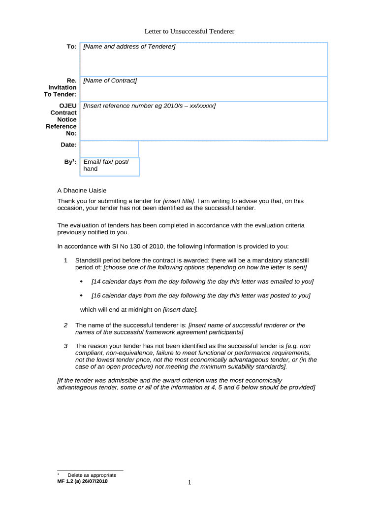 Letter to Unsuccessful Tenderer Doc Template | pdfFiller