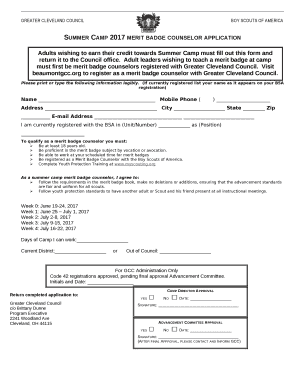 Summer Camp 2017 merit badge counselor application Doc Template | pdfFiller