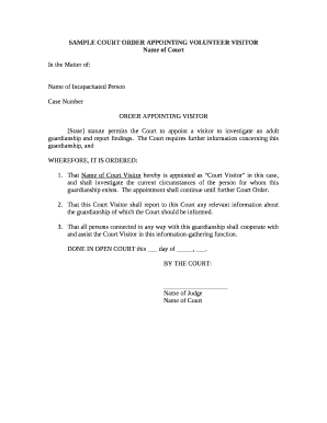 SAMPLE COURT ORDER APPOINTING VOLUNTEER VISITOR Doc Template | pdfFiller