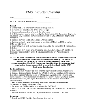 EMS Instructor Checklist Doc Template | pdfFiller