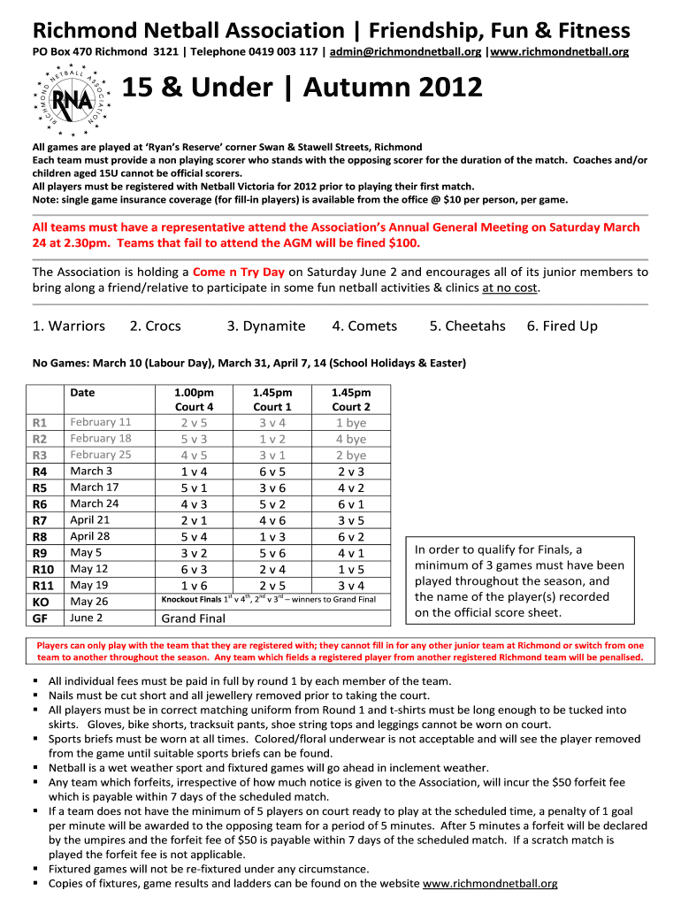 Fillable Online Richmond Netball Association Friendship, Fun & Fitness ...