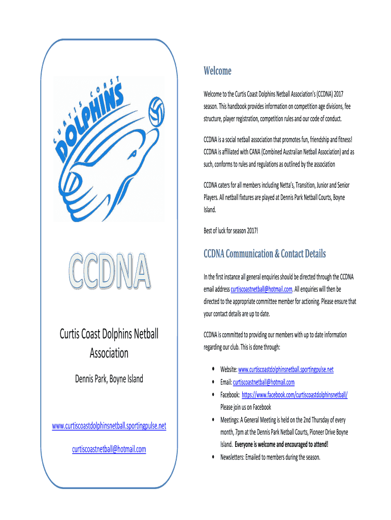 Fillable Online Welcome to the Curtis Coast Dolphins Netball ...