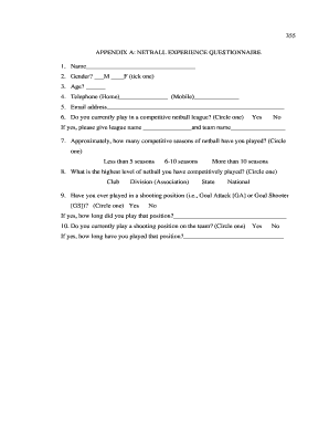 Fillable Online APPENDIX A: NETBALL EXPERIENCE QUESTIONNAIRE Fax Email ...