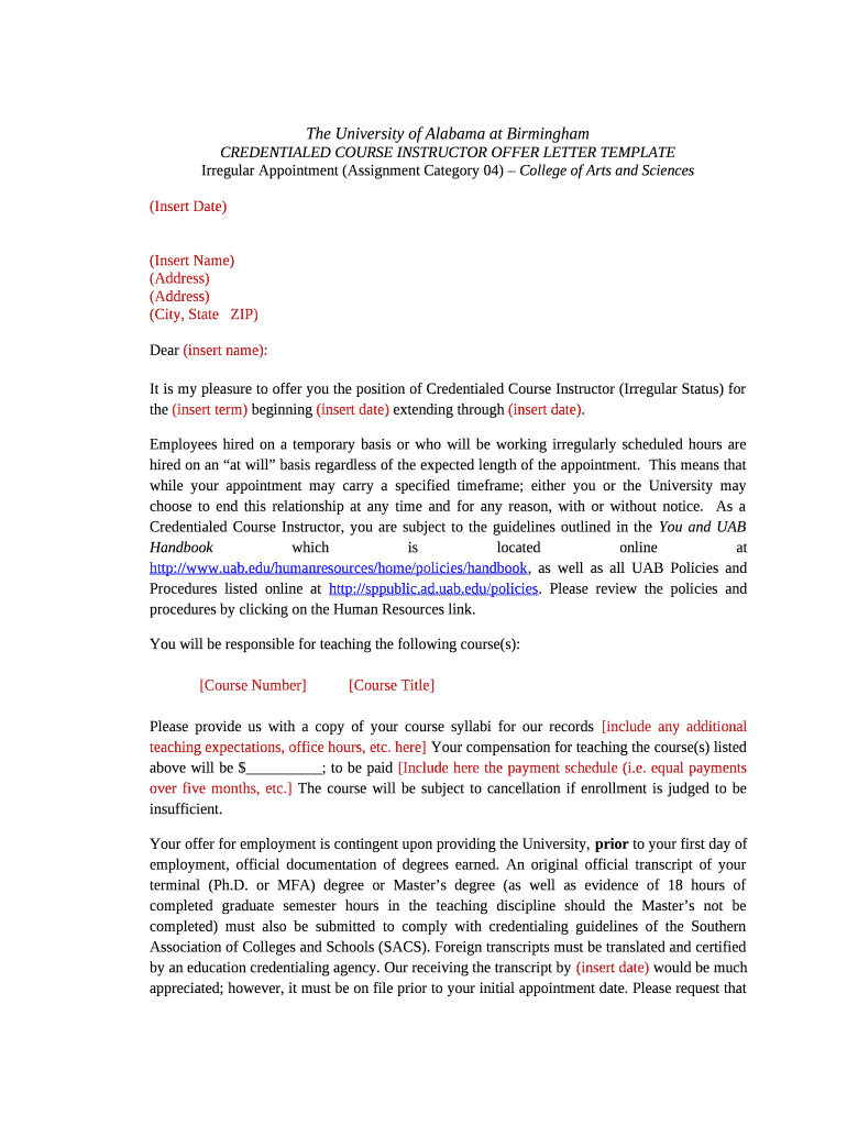 CREDENTIALED COURSE INSTRUCTOR OFFER LETTER TEMPLATE Doc Template ...