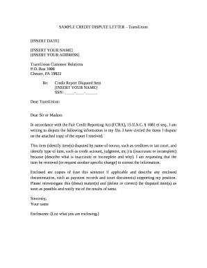SAMPLE CREDIT DISPUTE LETTER TransUnion Doc Template | pdfFiller