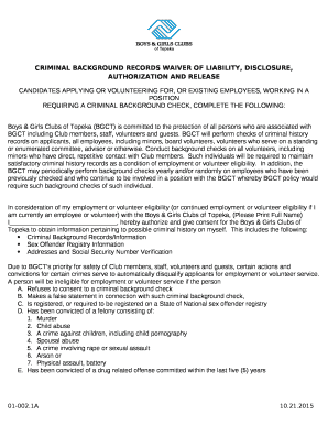 CRIMINAL BACKGROUND RECORDS WAIVER OF LIABILITY, DISCLOSURE, AUTHORIZATION AND RELEASE Doc ...