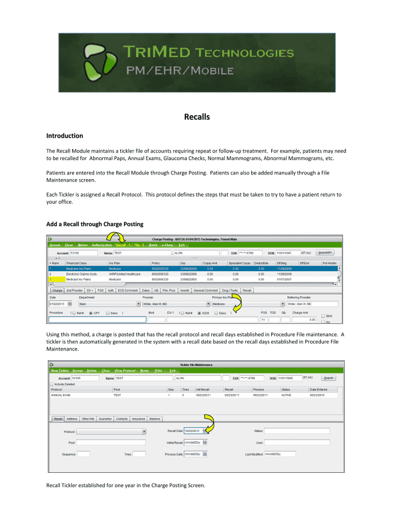 Fillable Online The Recall Module maintains a tickler file of accounts ...