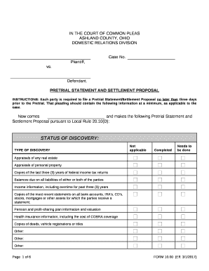 PRETRIAL STATEMENT AND SETTLEMENT PROPOSAL Doc Template | pdfFiller