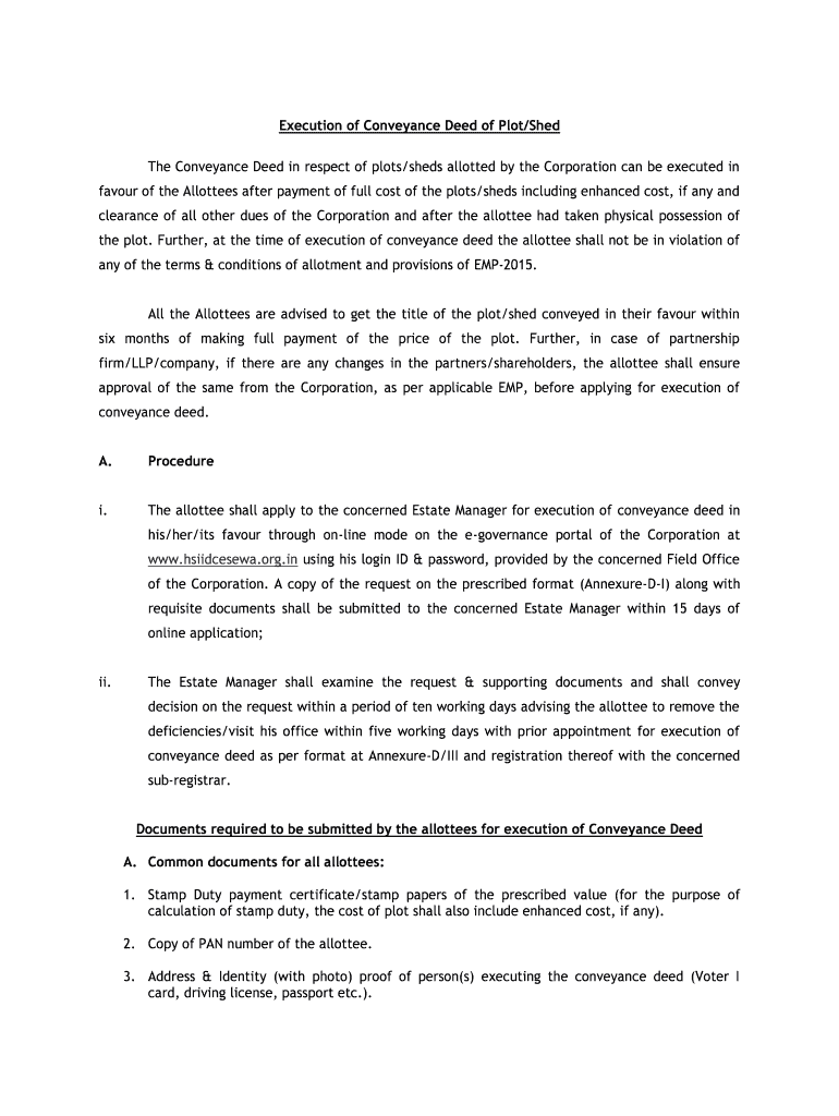 Fillable Online Execution of Conveyance Deed of Plot/Shed Fax Email ...