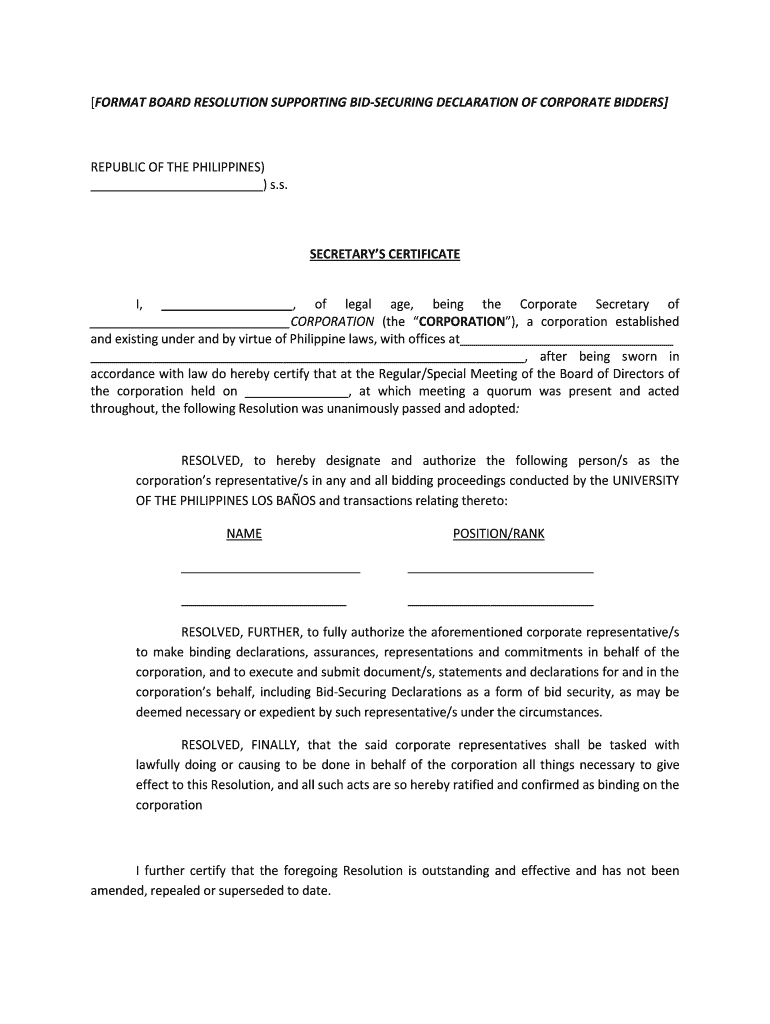 Fillable Online FORMAT BOARD RESOLUTION SUPPORTING BID-SECURING DECLARATION OF CORPORATE BIDDERS ...