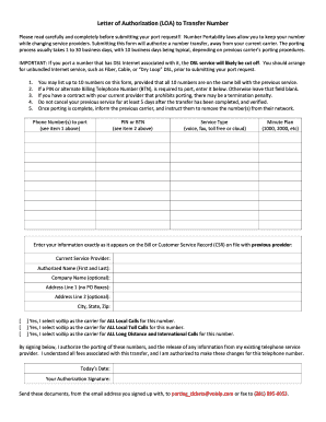 Fillable Online Letter of Authorization (LOA) to Transfer Number Fax ...