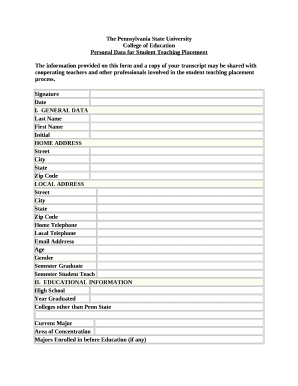 Personal Data for Student Teaching Placement - ed psu Doc Template | pdfFiller