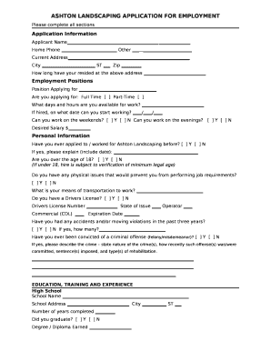 ASHTON LANDSCAPING APPLICATION FOR EMPLOYMENT Doc Template | pdfFiller