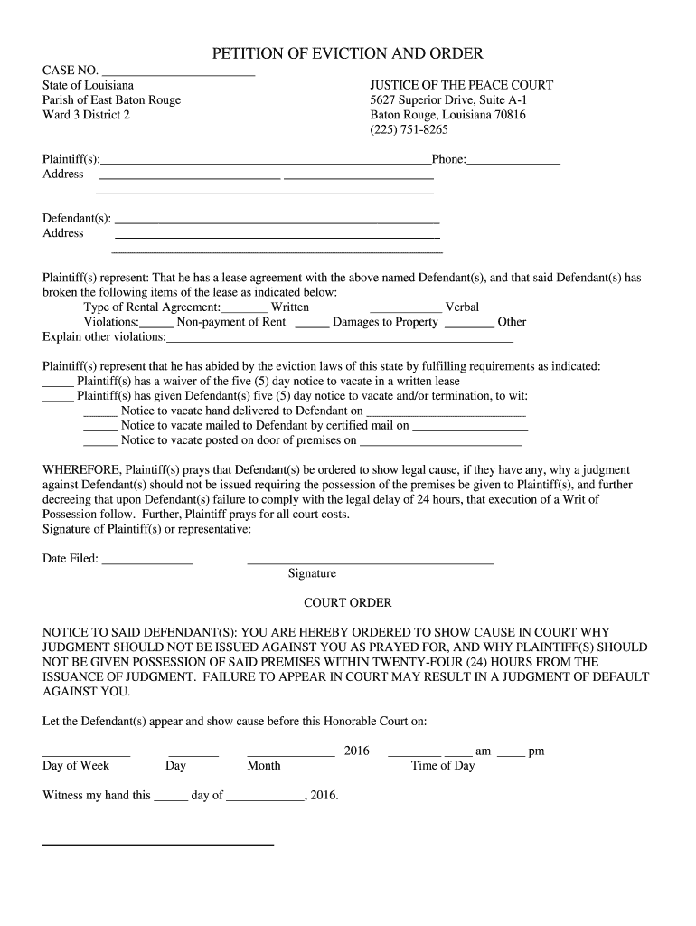 Fillable Online PETITION OF EVICTION AND ORDER Fax Email Print - pdfFiller