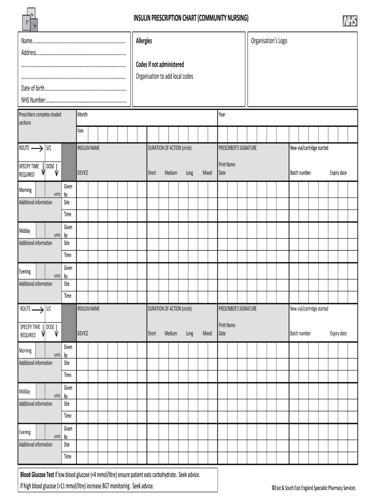 Fillable Online INSULIN PRESCRIPTION CHART (COMMUNITY NURSING) Fax ...