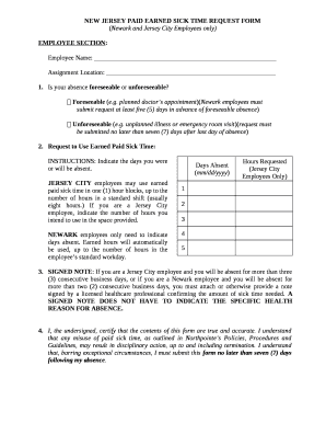 NEW JERSEY PAID EARNED SICK TIME REQUEST Doc Template | pdfFiller