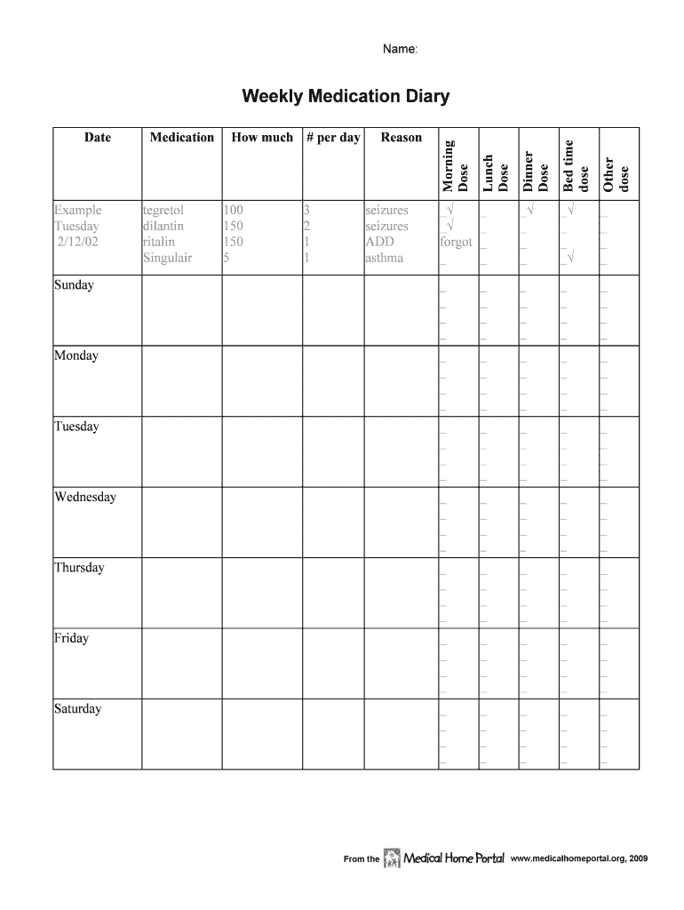 Fillable Online Weekly Medication Diary Fax Email Print - pdfFiller