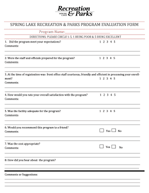 Fillable Online SPRING LAKE RECREATION & PARKS PROGRAM EVALUATION FORM ...