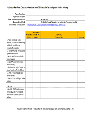 Fillable Online Production Readiness Checklist Handover from ITS ...