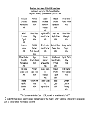 Fillable Online Snack Menu is based on the USDA Preschool Guidelines ...