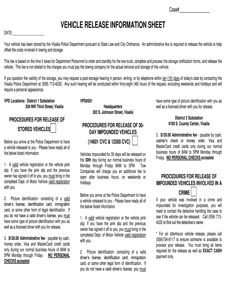 Fillable Online VEHICLE RELEASE INFORMATION SHEET Fax Email Print ...