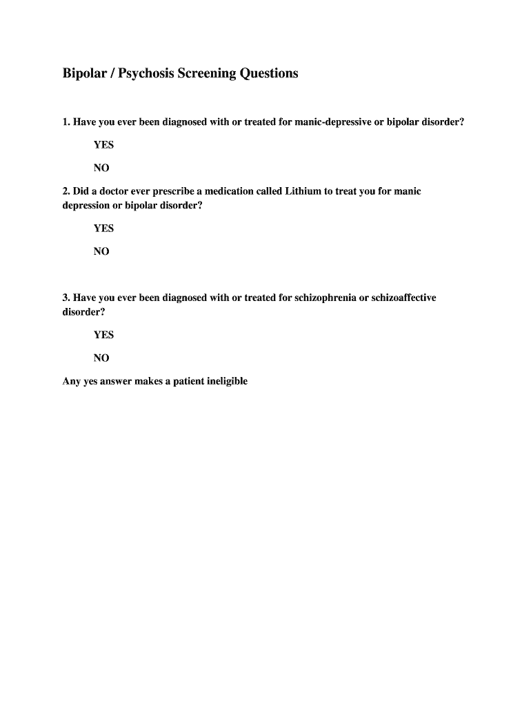 Fillable Online Bipolar / Psychosis Screening Questions Fax Email Print ...