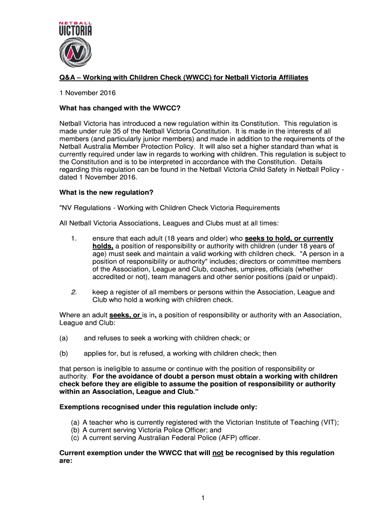 Fillable Online Q&A Working with Children Check (WWCC) for Netball ...