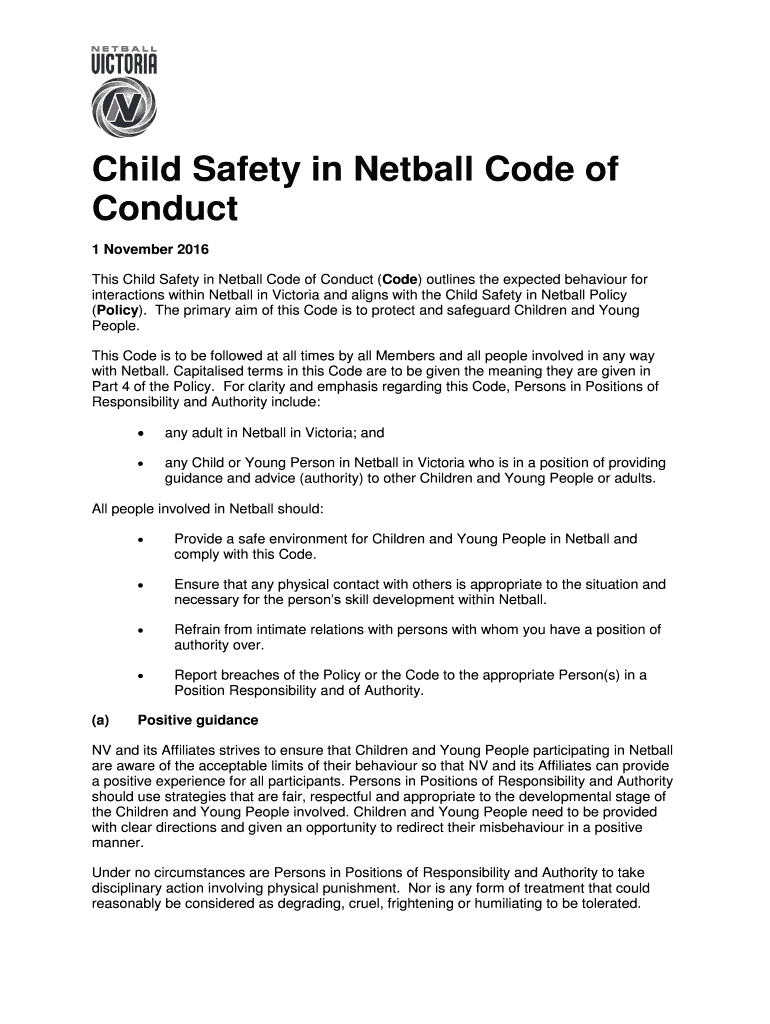 Fillable Online Child Safety in Netball Code of Fax Email Print - pdfFiller