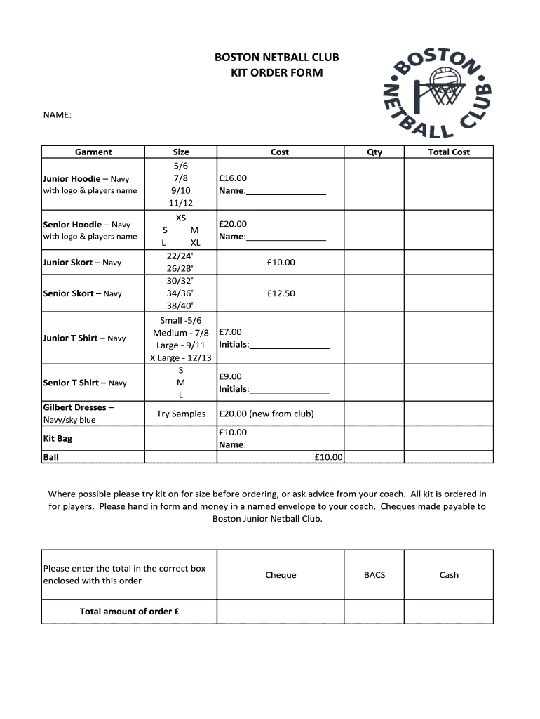 Fillable Online BOSTON NETBALL CLUB Fax Email Print - pdfFiller
