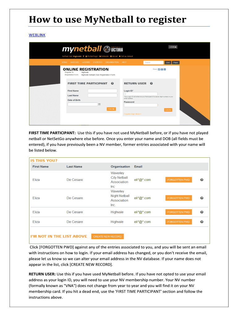 Fillable Online How to use MyNetball to register Fax Email Print ...