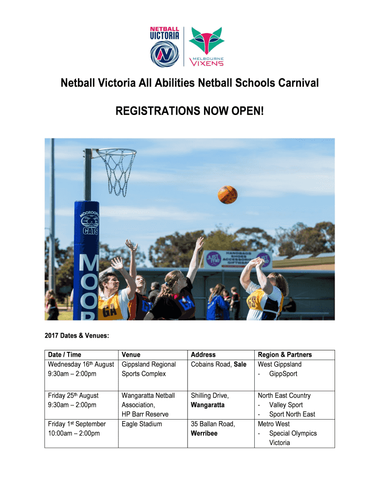 Fillable Online Netball Victoria All Abilities Netball Schools Carnival ...