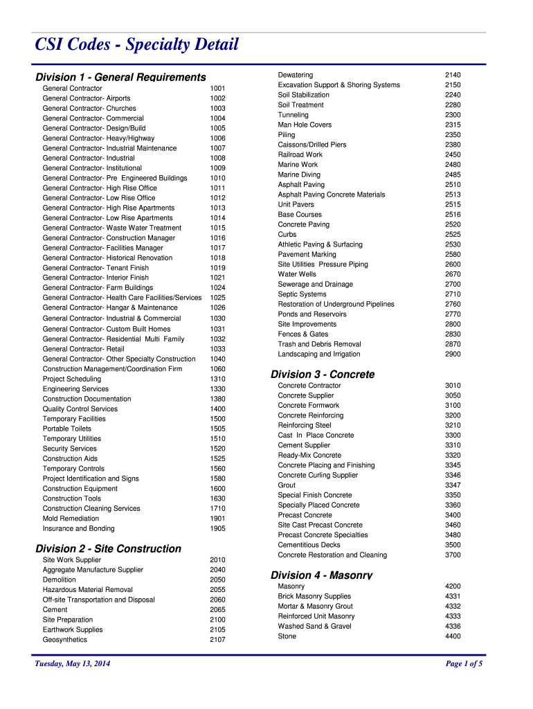 Csi Codes Pdf Fill Online Printable Fillable Blank PdfFiller